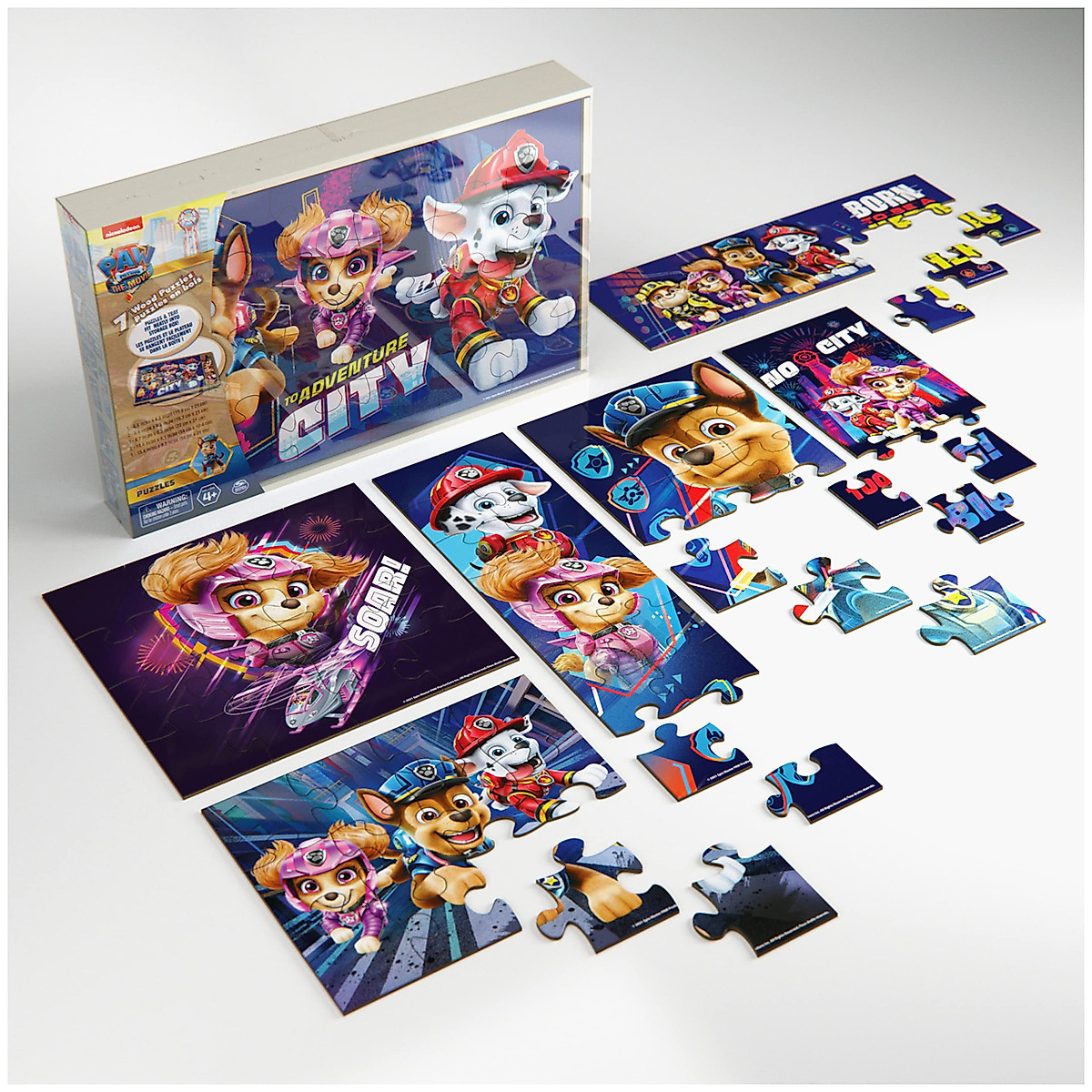 PAW Patrol: The Movie, 7 Wood Puzzles Jigsaw Bundle 12pc 16pc 24pc Chase Skye Marshall Rubble Show with Tray, for Kids Ages 4 and up