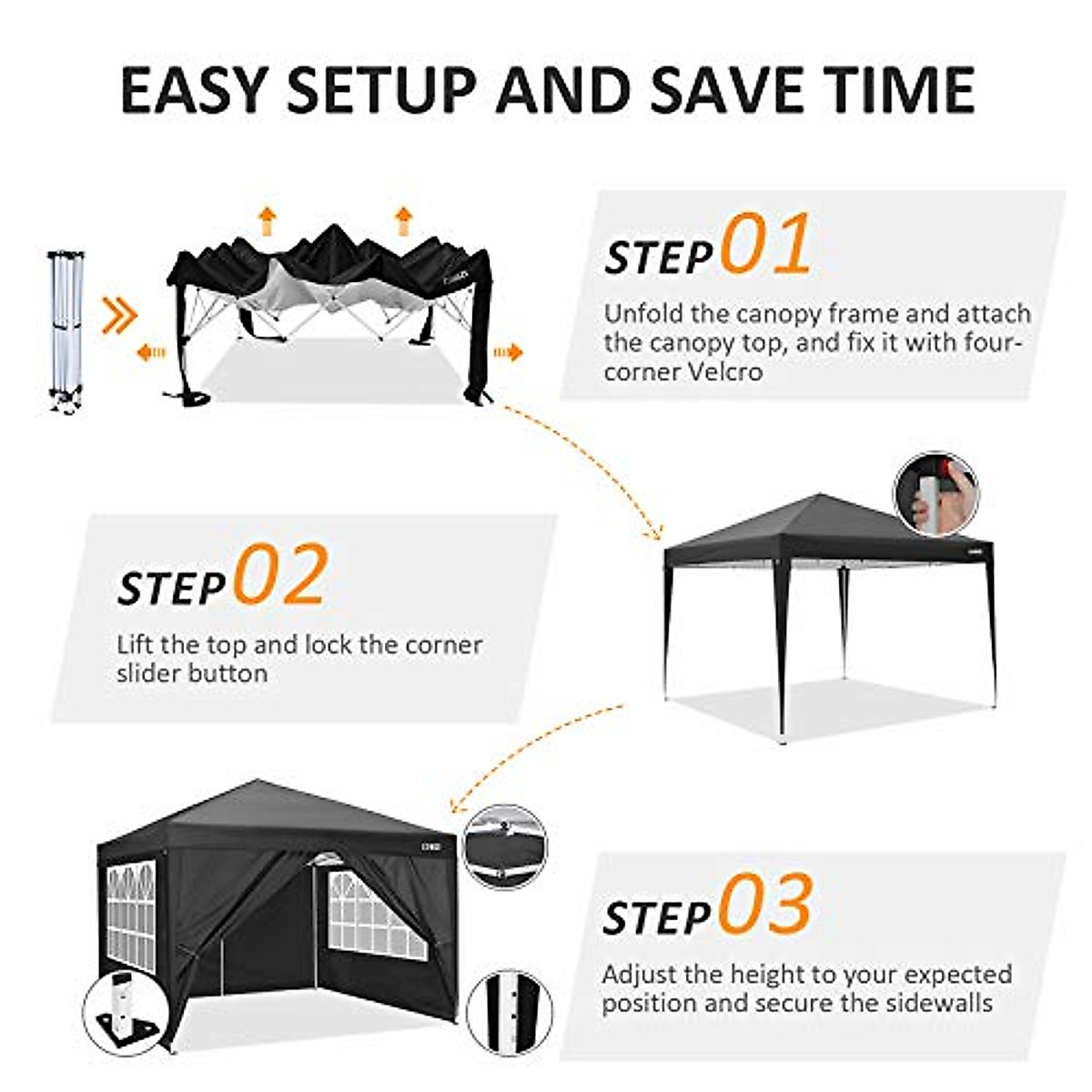 COBIZI 10'x10' Outdoor Canopy Tent, Beach Pop Up Canopy and Portable Gazebo Party Commercial Instant Shelter Tent Waterproof Canopies with 4 Sidewalls & Carrying Bag,Black