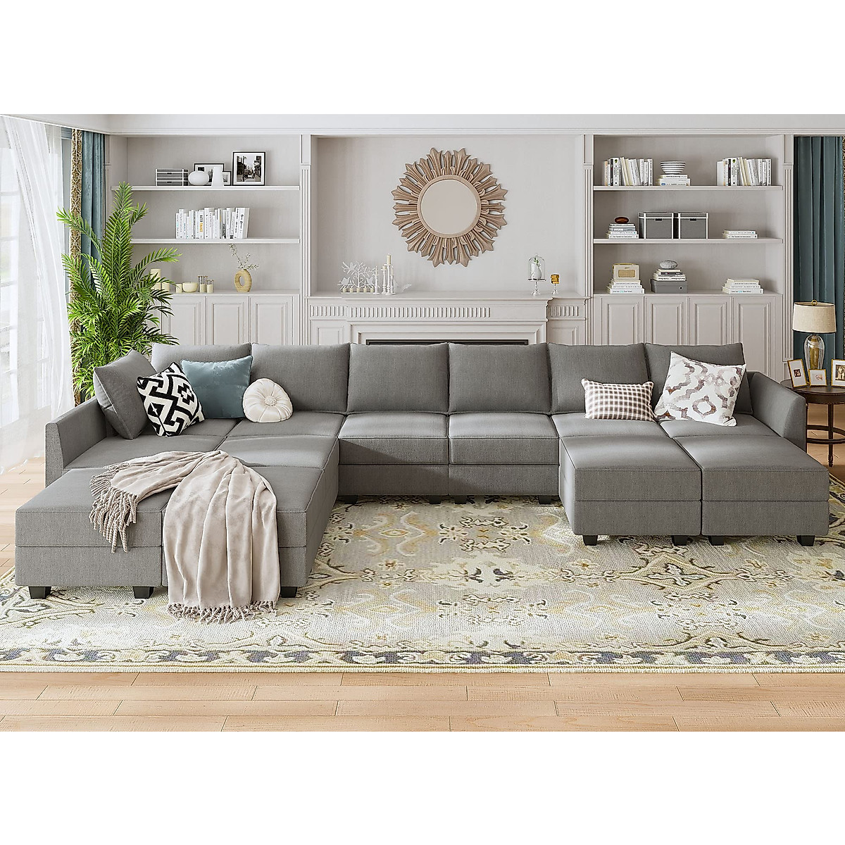 HONBAY Modular Sofa Couch with Storage Seats U Shaped Modular Sectional Sofa with Reversible Chiase Oversized Modular Sofa Sleeper Set with Ottomans, Grey