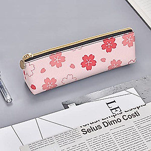 LAKIMCT Leather Pencil Pouch Bag Cute Keychain, Pen Case Cosmetic Storage Bag, Cross Grain, Brass Zipper, Triangle - Cherry Blossoms