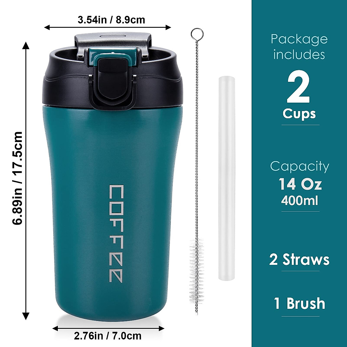 Travel Coffee Mug, 2 Pack Vacuum Insulated Coffee Travel Mug Spill Proof with Lid and Straw, 14 oz Reusable Coffee Tumbler for Keep Hot/Ice Coffee,Tea and Beer, Car Thermos Cup Gift for Christmas