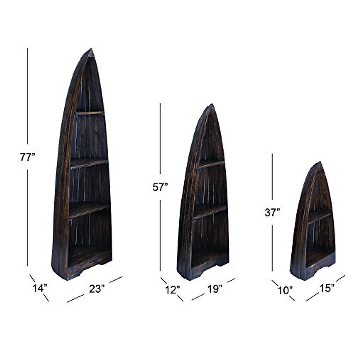 Deco 79 Wood Boat 6 Shelf Shelving Unit, Set of 3 77", 57", 37"H, Brown
