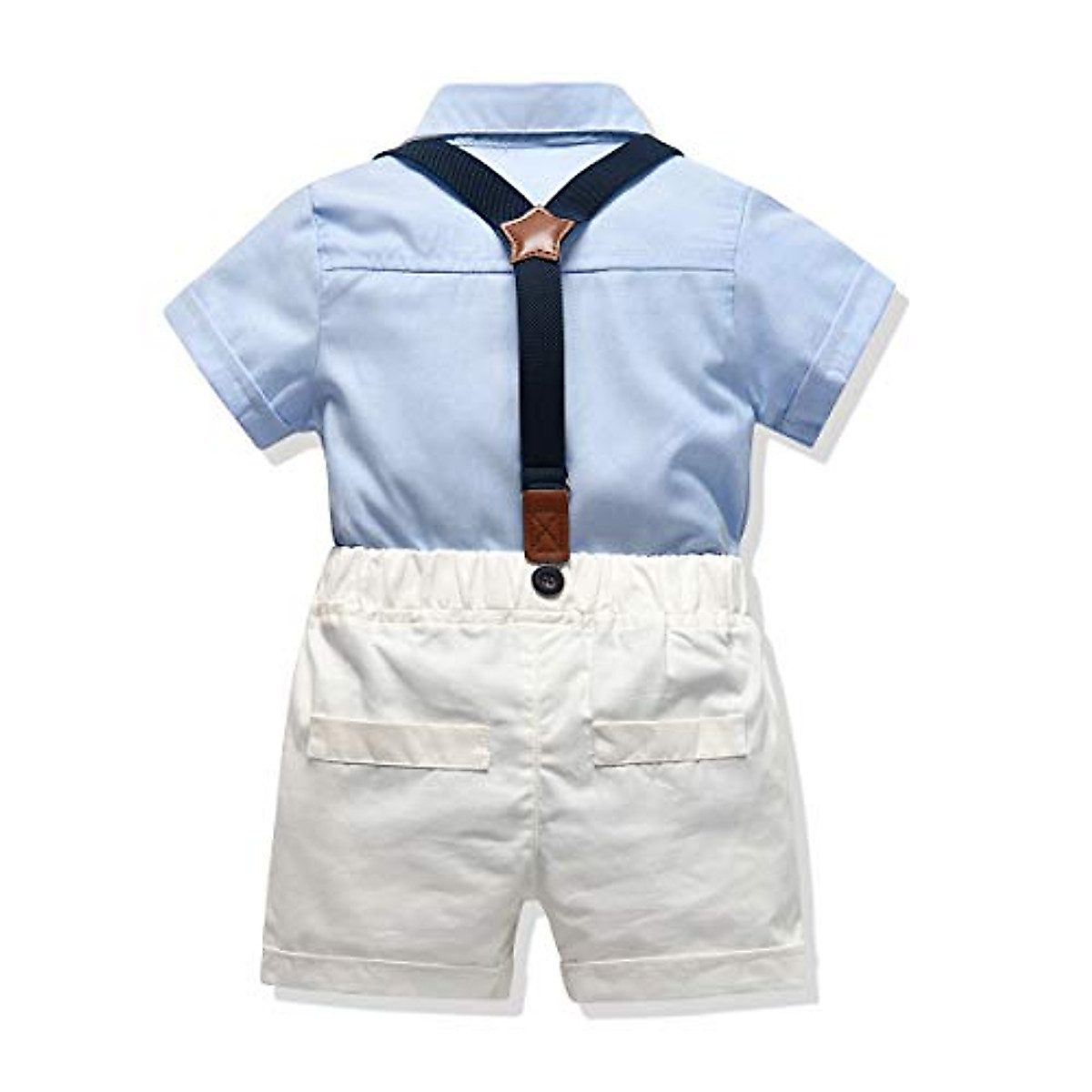 Carlstar Little Boys Gentleman Outfit Suits,Baby Boys Short Pants Set,Short Sleeve Shirt+Suspender Pants+Bow Tie 4Pcs (Blue, 2-3T/90)