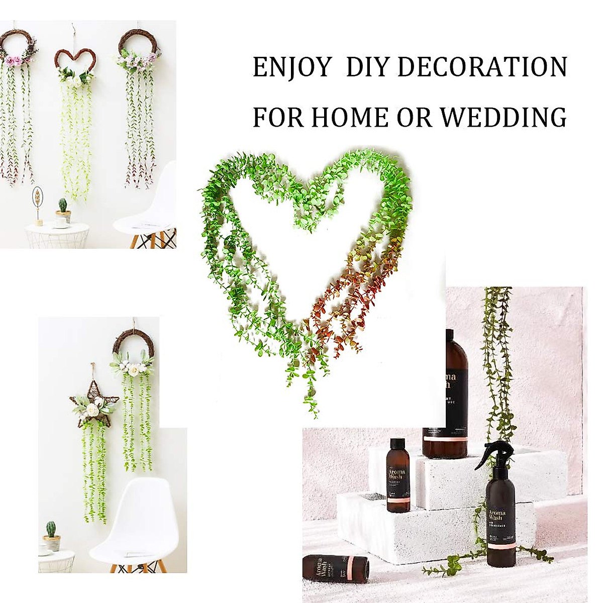 Wellindecor 2 Pcs Artificial Hanging Eucalyptus Leaves Faux Hanging Vines Greenery for Home Indoor Outdoor Garden Wedding Décor (Green), 43.30 × 3.93 inch