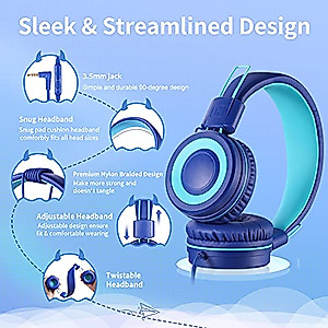 POWMEE P10 Kids Headphones with Microphone Stereo Headphones for Children Boys Girls,Adjustable 85dB/94dB Volume Control Foldable On-Ear Headphone with Microphone for School/PC/Cellphone(Blue)