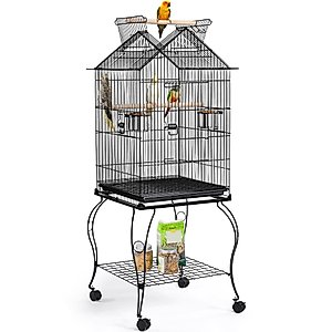 Yaheetech 57-Inch Rolling Open Top Roof Bird Cage for Mid-sized Parrots Cockatiels Caique Quaker Monk Indian Ring Neck Green Cheek Conure Middle bird Cage with Detachable Stand