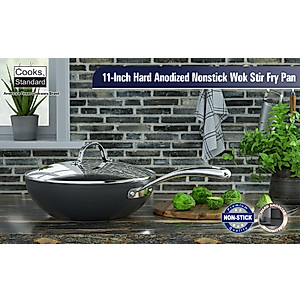 Cooks Standard Nonstick Stir-Fry Wok Pan 11-Inch, Hard Anodized Deep Frying Pan with Glass Lid, Flat Bottom, Black