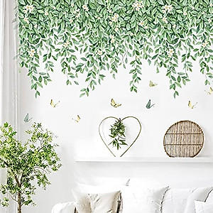 Green Leaf Wall Decals Hanging Vine Wall Sticker Plant Flower Wall Decal Butterfly DIY Removable Wall Stickers Peel and Stick Art Murals for Kids Baby Girls Nursery Bedroom Living Room