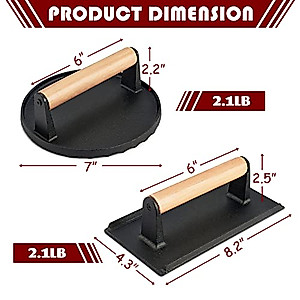 HaSteeL 2Pcs Cast Iron Bacon Press, Smash Burger Press for Teppanyaki Flat Top Griddle, Heavy Duty Round 7In & Rectangular 8x4In Grill Press, Perfect for BBQ Meat, Paninis, Tortilla, Steak, Sandwich