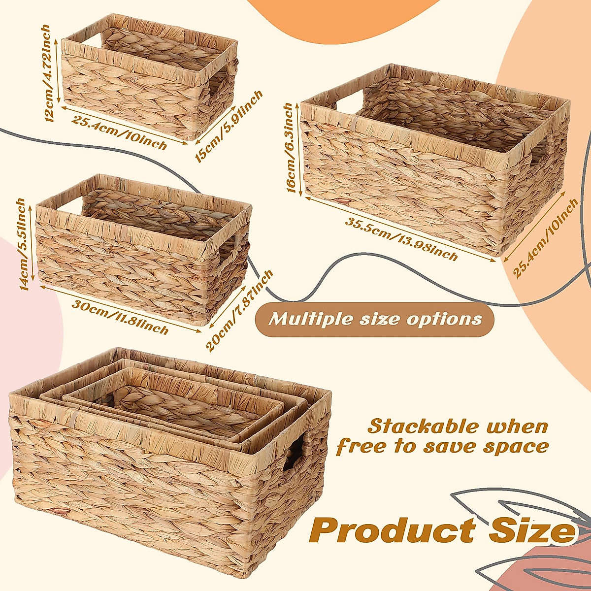 Layhit Set of 3 Wicker Storage Baskets, Water Hyacinth Wicker Storage Baskets Set, Wicker Storage Baskets for Storage, Water Hyacinth Storage Baskets for Shelves,3 Mixed Sizes