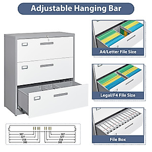 LISSIMO Lateral File Cabinet with Lock, 3 Drawer Metal Storage Filing Cabinet for Hanging Files Letter/Legal/F4/A4 Size, Vertical Files Cabinet for Home Office