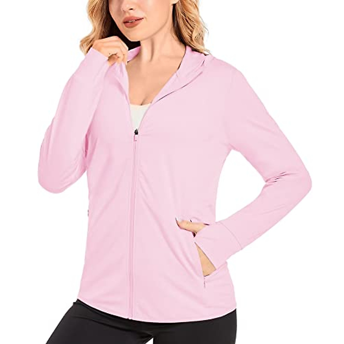 KEFITEVD Womens Sun Shirts Long Sleeve SPF 50+ Sun Protection Jacket UV Protection Hiking Jackets Hooded Long Sleeve Cooling Shirt with Pockets Light Pink
