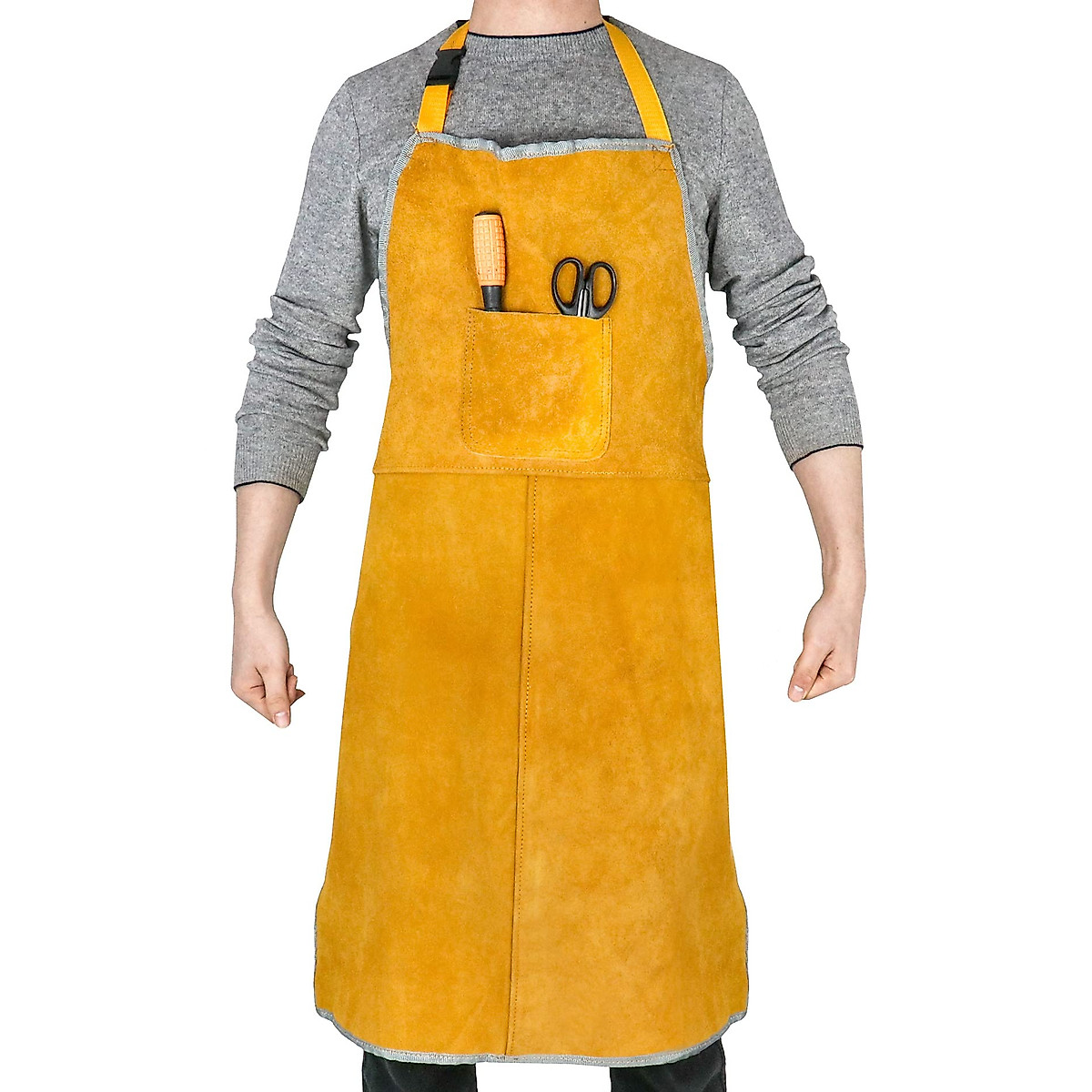 QWORK Leather Welding Work Apron - Flame and Welding Spatter Resistant - Adjustable Harness - Suitable for Welders, Blacksmiths