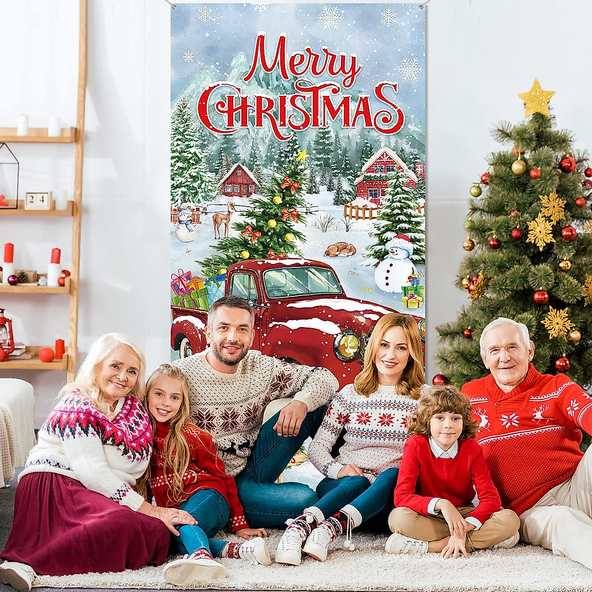 Christmas Door Covers Red Truck Xmas Cover for Door Christmas Truck Front Door Cover for Merry Christmas New Year Photography Background Party Decoration, 70.9 x 35.4 Inches