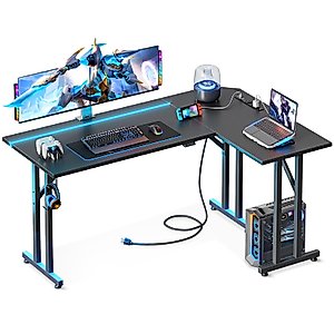 MOTPK L Shaped Gaming Desk with Led Lights, 51 Inch Gaming Computer Desk with Carbon Fiber Texture, Pc Gaming Table with Power Outlet and Headphone Hook, L Desk for Gaming, Black