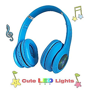 Kids Headphones Bluetooth Wireless,LED Light Up Wired Headset,85 dB Volume Limiting Foldable Headphones,Built-in Mic,Support FM Radio/Micro SD/TF,for Phone/Tablet/Pad/PC/Laptop/TV(Blue)