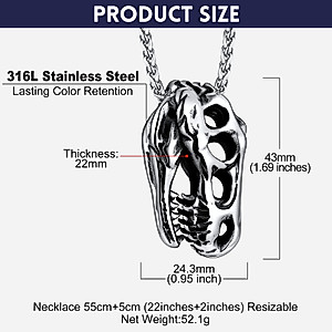 Bandmax Mens Stainless Steel Necklace Dinosaur Head Skull Pendant Chain T-rex Gothic Animal Charm Retro Vintage Punk Skull Necklace Jewelry for Women Men