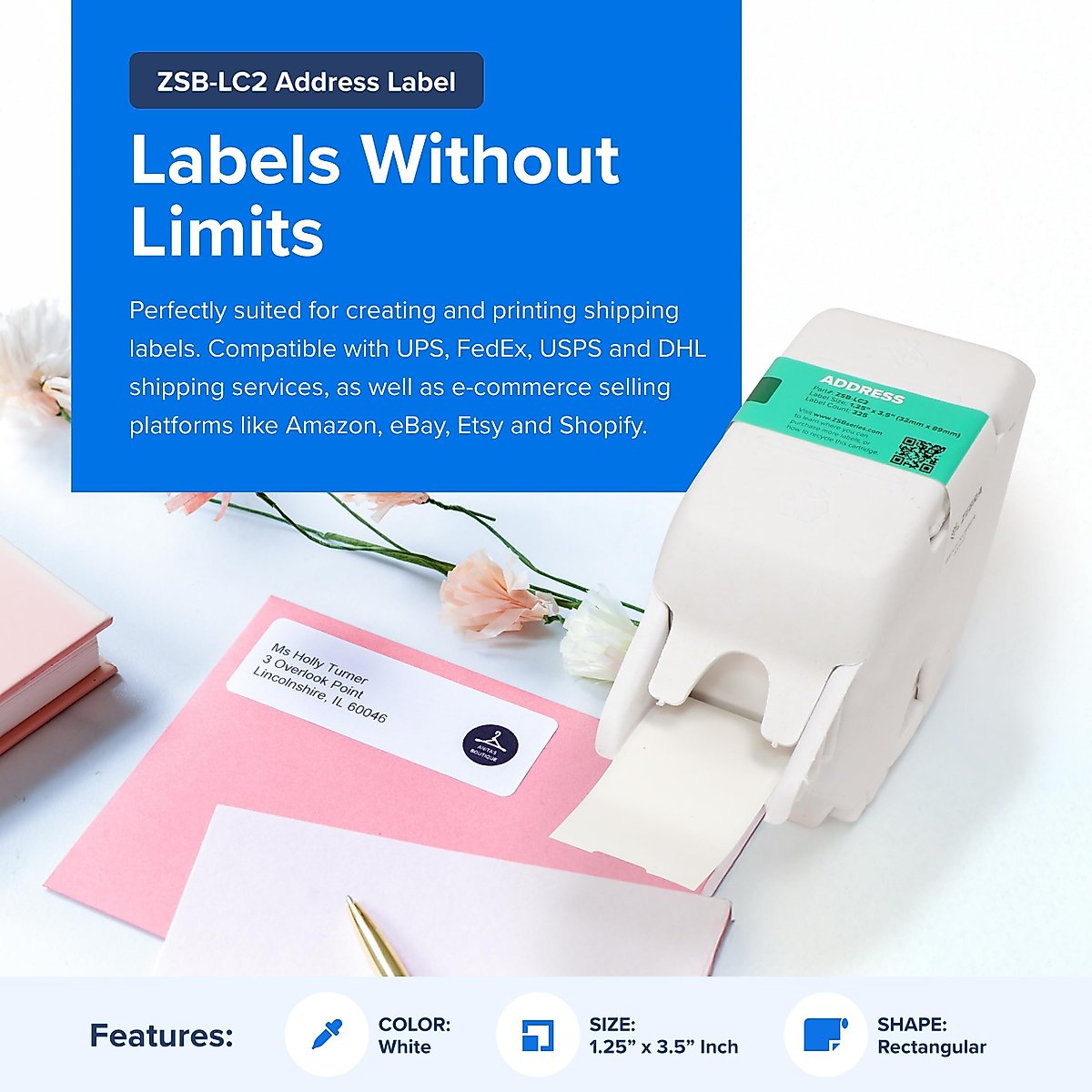 ZEBRA ZSB Series Labels - Potato Starch-Based Printer Label Paper - Recyclable Cartridge for Stickers - Versatile, Cloud-Based Adhesive - Address, 1.25" x 3.5"