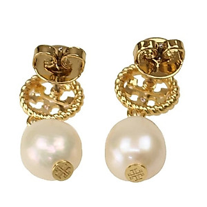 Tory Burch 136616 Tory Gold Tone Pearl Drop Rope Logo Women's Drop Dangle Earrings