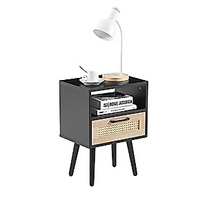 Exquisite Nightstands Set of 2, Night Stands with Power Outlet & USB Ports,Rattan Decor Drawer, Bed Side Tables with Solid Wood Feet, End Table, for Bedroom, Living Room, Dormitory - Black