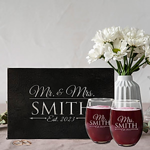 Mr and Mrs Wine Stemless Glasses - Personalized Engraved Wedding for Couples - Custom Monogrammed - Set of 2