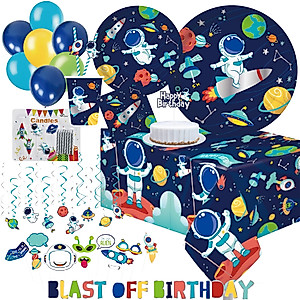 Serves 24 Ultimate Outer Space Party Supplies 9" Plates 7" Plates 24 Cups 2 Table Cover 24 Napkins 24 Straws 1 Blast off Birthday Banner 14 Swirls 12 Photo Props Cake Topper 30 Balloons 12 Candles