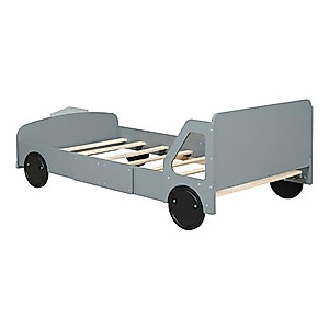 Designs Twin Size Car-Shaped Platform Bed with Wheels Wooden Platform Bed Frame with Support Slats for Kids Boys Girls Teens (Gray-@2)