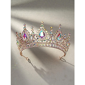 SWEETV Rose Gold Tiaras and Crowns for Women Iridescent Bridal Crown for Wedding Halloween Costume Hair Accessories for Photo Shoot Prom Birthday Party
