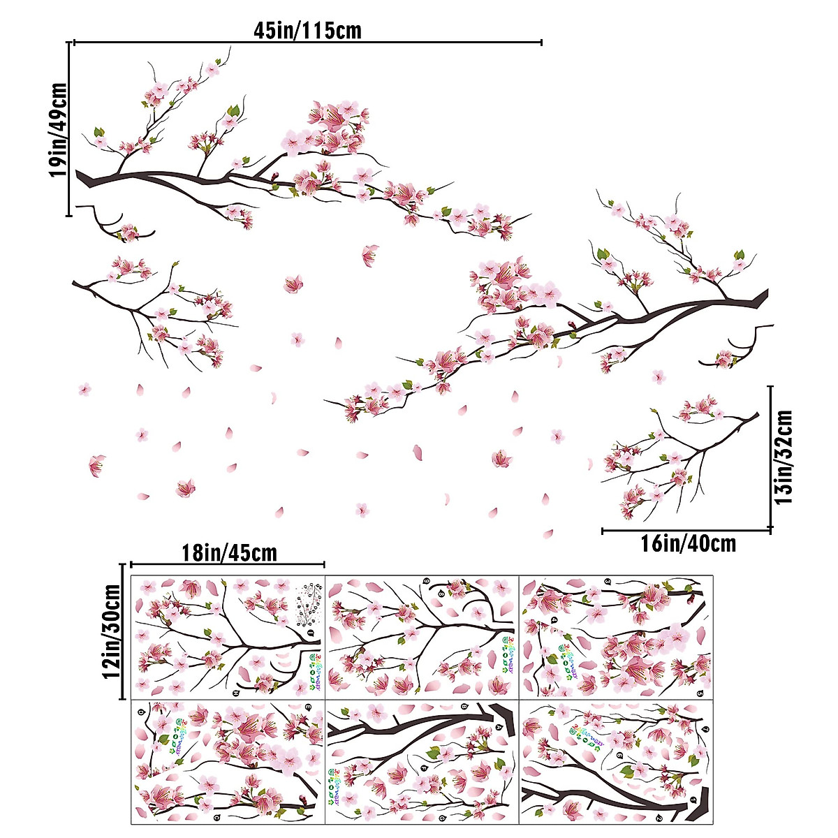 RW-KSR16 Pink Peach Flower Wall Decals Cherry Blossom Tree Branch Wall Stickers DIY Removable Florals Plants Wall Art Decor for Kids Girls Bedroom Livig Room Nursery Office Wall Decoration