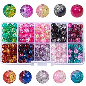 KISSITTY 8mm Crackle Glass Crystal Beads 10 Colors Two Tone Transparent Crackle Glass Loose Round Beads for DIY Jewelry Pen Sun Catchers Making About 200pcs/box