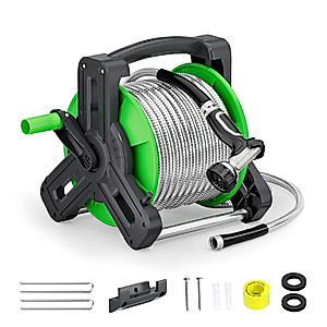 SPECILITE Wall Mount Garden Water Hose Reel with 75ft 304 Stainless Steel Metal Pipe and Nozzle for Outside, Yard, Patio,Space-Saving Design, Easy Storage, Green