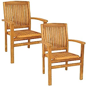 Sunnydaze Stackable Outdoor Patio Dining Chairs - Slat-Back Wood Outdoor Arm Chairs for The Outdoor Dining-Table, Patio, Porch, or Deck - Light Brown Finish - 24.25 Inches Wide - Set of 2