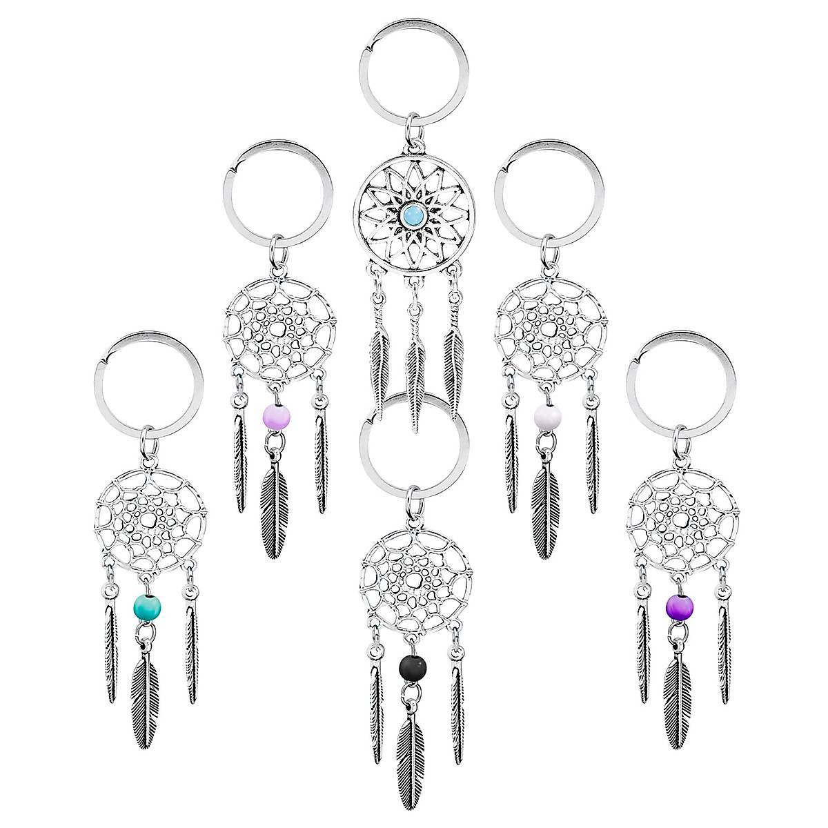 Moon Dream Catcher Kit for Adults - 6Pcs Cute Macrame Dream Catcher Keychain Silver for Bag Home Car Dream Catcher Supplies - Large Dream Catcher Metal Rings - Mini Dream Catcher with Peacock Feathers