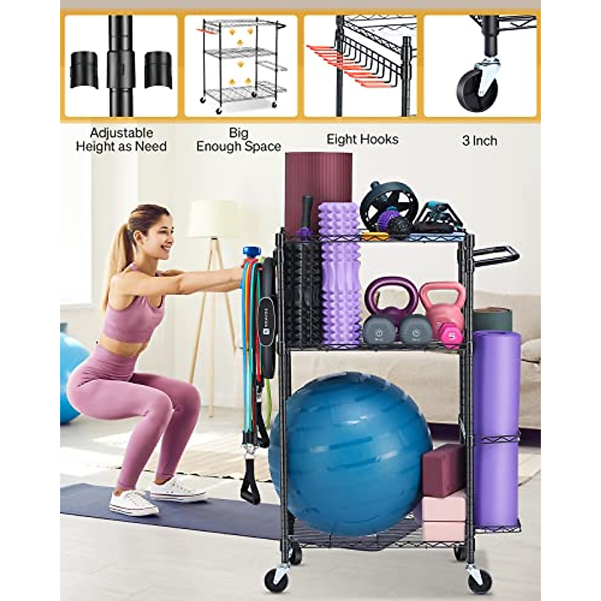 FHXZH Home Gym Storage Rack, Workout/Exercise Equipment Storage Organizer with Hooks and Wheels for Yoga Mat & Ball Dumbbell Kettlebells Foam Roller Resistance Bands