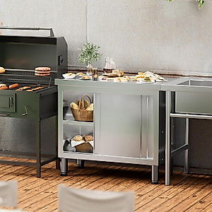 ZZV Stainless Steel Work Table Cabinet with 2 Sliding Doors, 39" x 19" Commercial Kitchen Work Table for Prep & Work, Heavy Duty Prep Table with 2-Layer Cabinet for Home, Restaurant, Garage, Warehouse