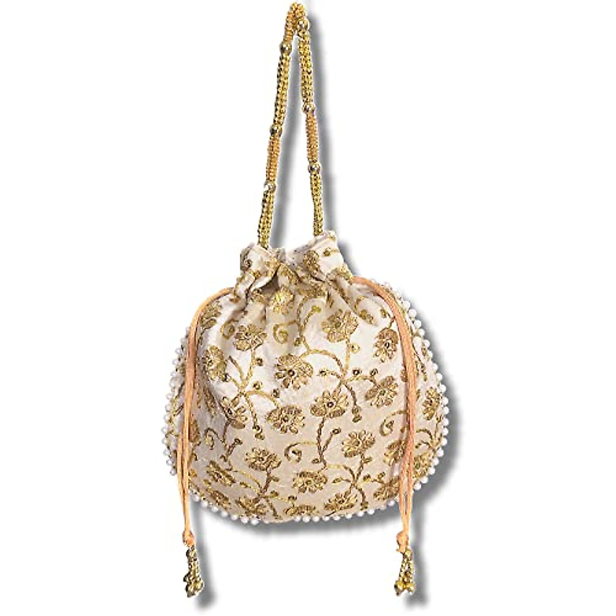 Embroidered Indian Ethnic Potli Bag for Women. Traditional, Handmade, Perfect for Weddings and Other Special Occasions (Gold)