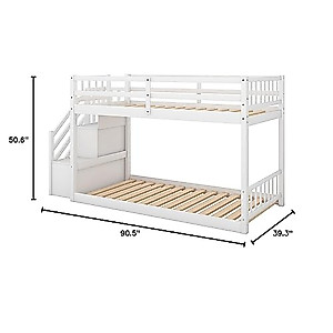 Twin Over Twin Floor Bunk Bed with Storage Shelves,Low Bunk Bed Frame with Stairs and Guardrails for Bedroom, Dorm, Kids, Teens, No Box Spring Required