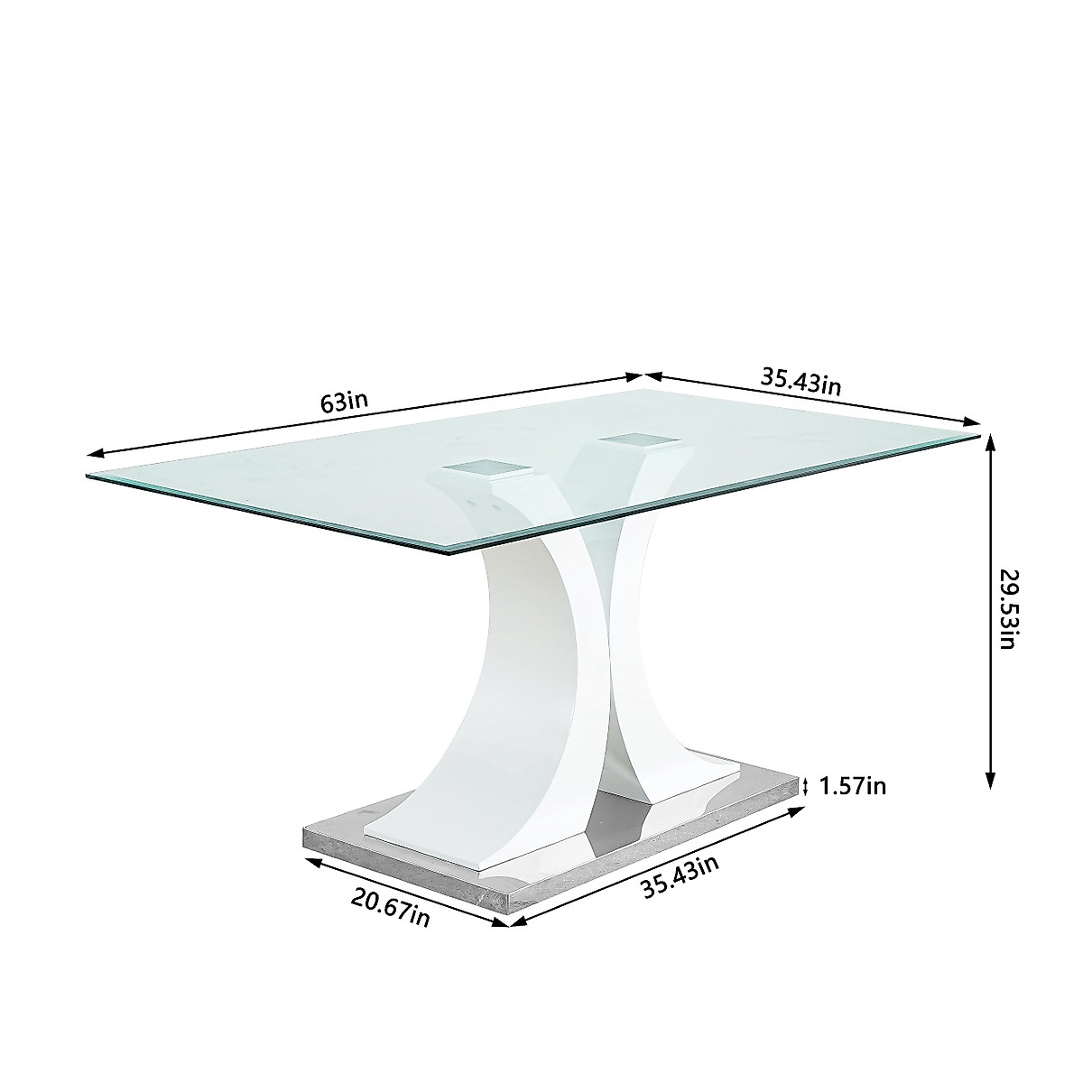 63" Glass Dining Table for 4 to 6 Modern Kitchen Table Tempered Glass Dining Room Table with Rectangular Glass Tabletop and X-Shape Pedestal Base Dining Table for Dining Room Kitchen (White)