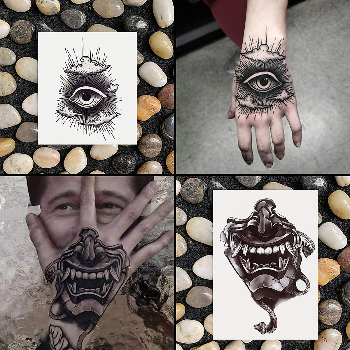 Oottati Waterproof 9 Sheets Back of Hand Fake Temporary Tattoo Stickers - Black Halloween Skull Horror Eye Devil Sun Moon Totem (Halloween)