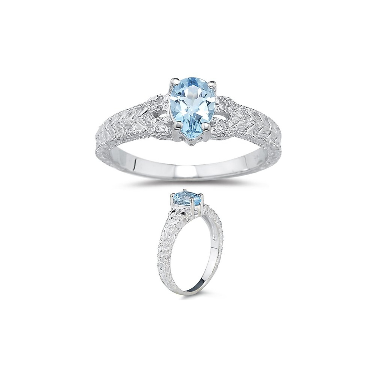 Studs Galore 0.04 Ct Diamond & 0.56 Ct Aquamarine Filigree Ring in 14 K White Gold-6.5