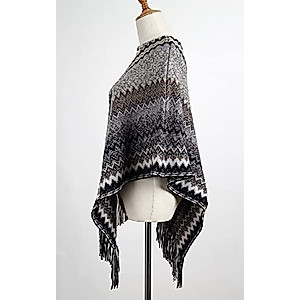 StylesILove Women Autumn Winter Knitted Zig-Zag Pullover Fringe Poncho Sweater Soft Wrap Cape Lightweight Shawl (Black)