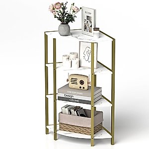 AMZOSS 4 Tier Corner Shelf Stand, Kitchen Shelf Organizer with Faux Marble Shelf and Gold Metal Frame, Freestanding Corner Shelf Display Rack for Living Room, Bathroom, Kitchen, Small Space