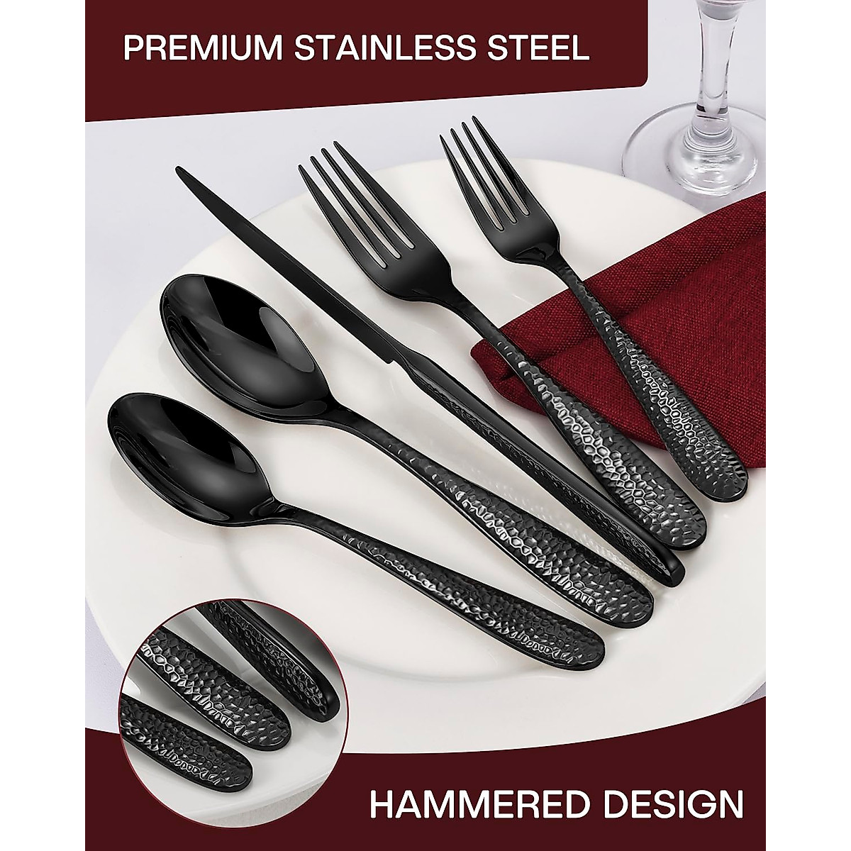 Hammered Black Silverware Set, EUIRIO 40-Piece Flatware Set for 8, Heavy Duty Stainless Steel Cutlery Set, Food-Grade Utensil Sets Includes Spoons Forks and Knives, Mirror Finish Dishwasher Safe