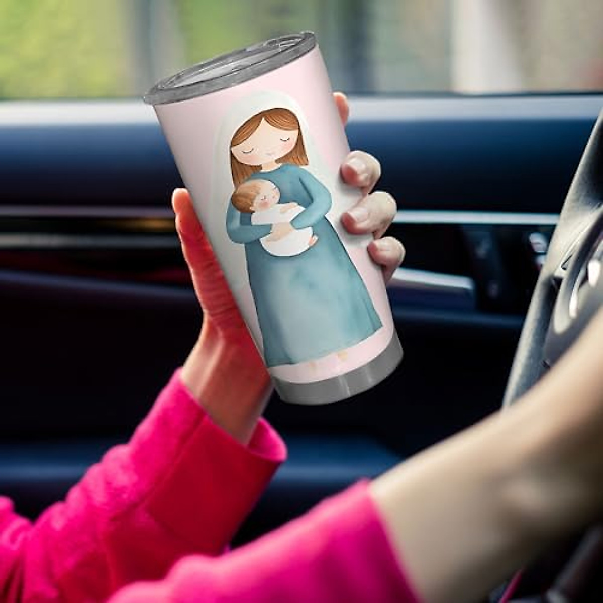 FOCIUZTA 20oz Artistic Watercolor Mother and Child Tumbler with lid, Travel Coffee Cup, Ideal for Easter, Mother Day, and birthday gifts