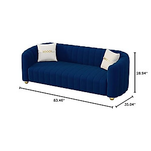 yunqishi KEAI 83.46" Velvet Couch for Living Room Large Modern Sofa with Gold Metal Sphere Legs Office Upholstered Comfy 3 Seater Couches Cute Sherpa Bedroom Furniture (Blue)