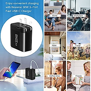 3Pack USB C Charger,30W Boxeroo 3-Ports with PD Power Adapter+2.4A Quick Charging 3.0 Wall Charger Foldable Block Plug for iPhone 12/11 /Pro Max, XS/XR/X, Pad Pro, Samsung Galaxy, More (Black)