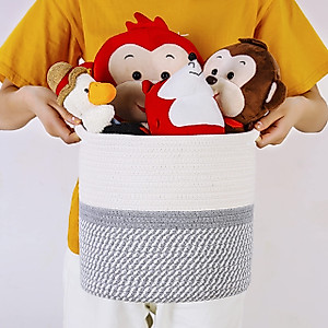 Woven Cotton Basket Sef of 3, 11x11x11in Storage Shelf Basket for Toys Clothes Books, Home Office Organization Basket, White & Grey