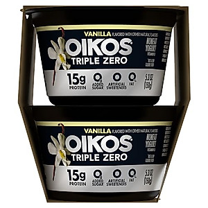 Oikos Triple Zero Vanilla Nonfat Greek Yogurt Pack, 0% Fat, 0g Added Sugar and 0 Artificial Sweeteners, Just Delicious High Protein Yogurt, 4 Ct, 5.3 OZ Cups