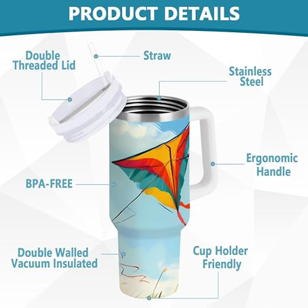 Nexawaveo Boy Kite Flying Tumbler With Handle And Straw 30-40oz Insulated Tumbler Cups With Lid Stainless Steel for Cold Water and Drinks for School Work Sports Car Travel and Weekends