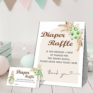 JCVUK Baby Shower Games, 1 Diaper Raffle Standing Sign with 50 Diaper Raffle Tickets,Green Bunny Theme Babyshower Party Decorations and Supplies For Boys or Girls(LBLK-B06)